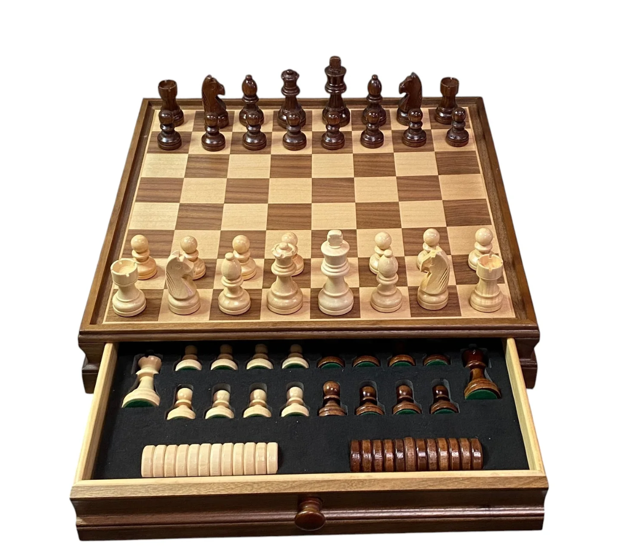 Economy Walnut Drawer Chess & Draughts Set — 15 Inch – Chessmaze
